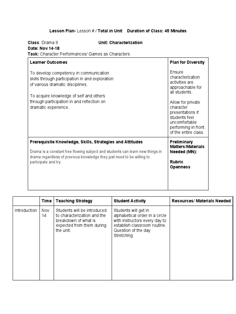 Drama 9 Week 11 Lesson Plan | PDF | Lesson Plan | Learning