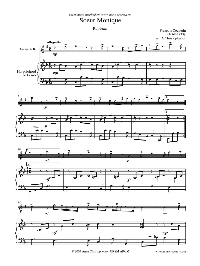 Soeur Monique (Rondeau) (Arreglo para Trompeta y Piano) | PDF | Musical ...