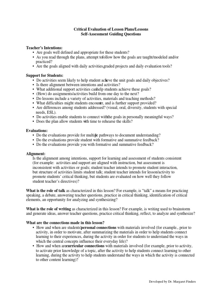 1 Lesson Plan Self Assessment 1 | PDF | Educational Assessment | Lesson Plan