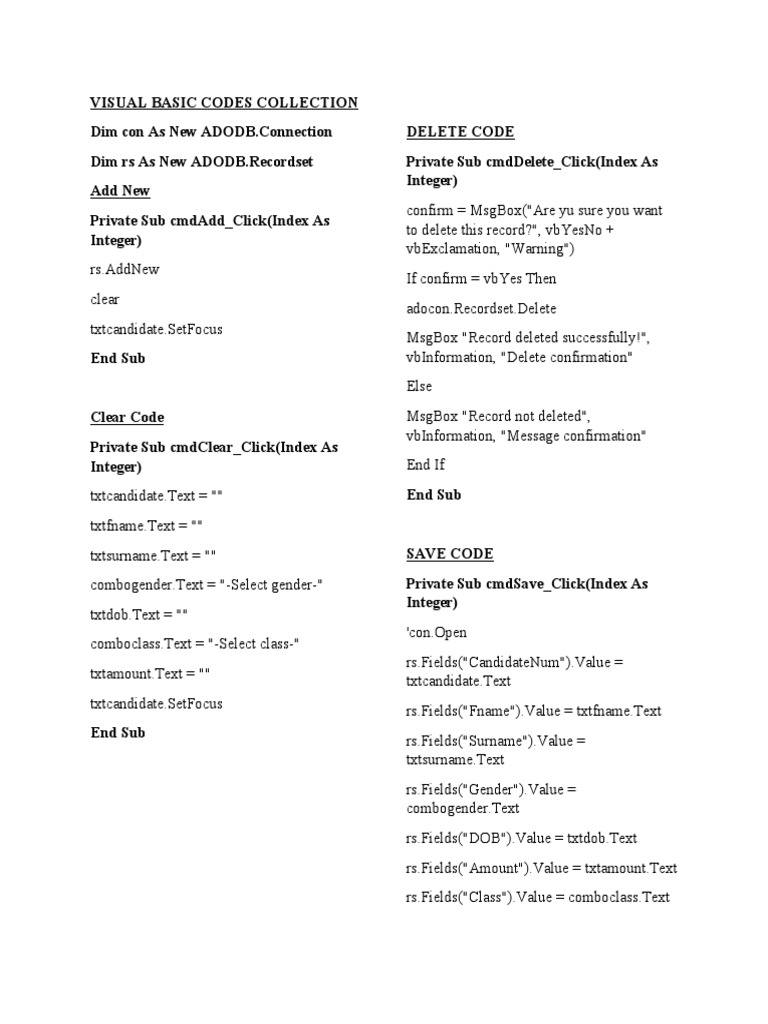 Visual Basic Codes Collection | PDF | Information Technology Management ... Visual Basic Codes Collection | PDF | Information Technology Management ...