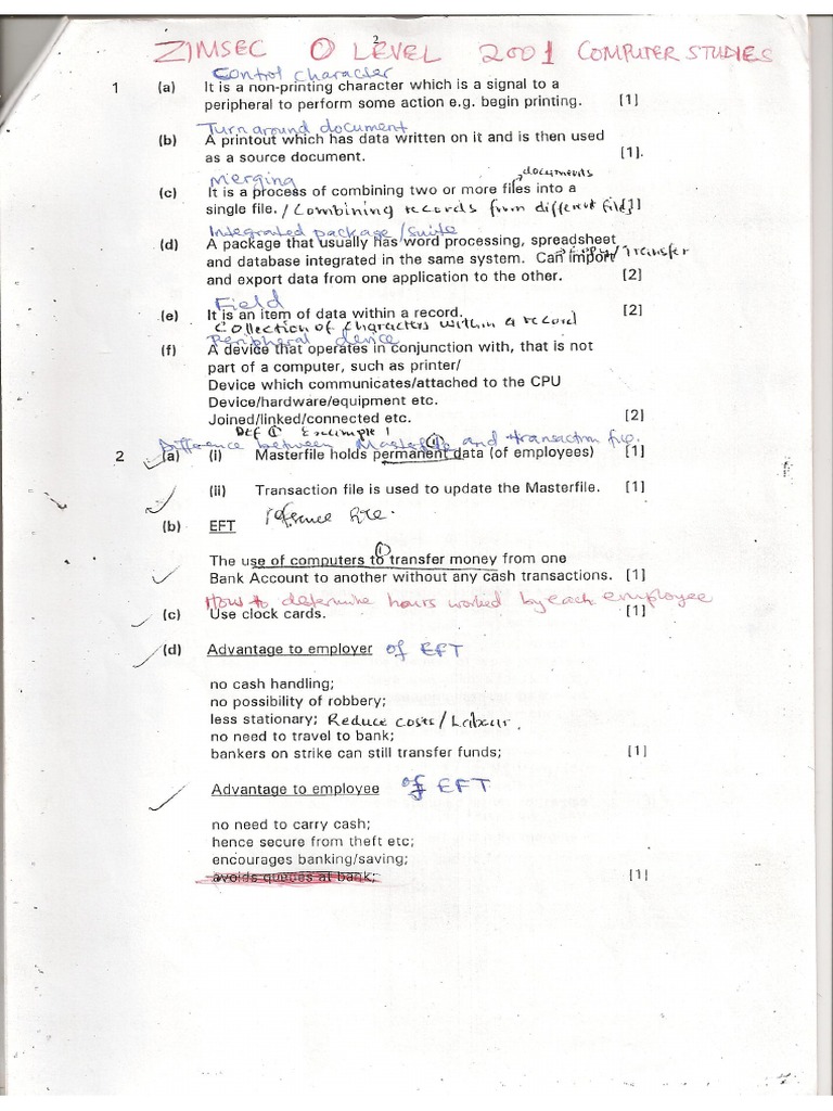 ZIMSEC O Level Computer Studies Past Paper 2001 | PDF