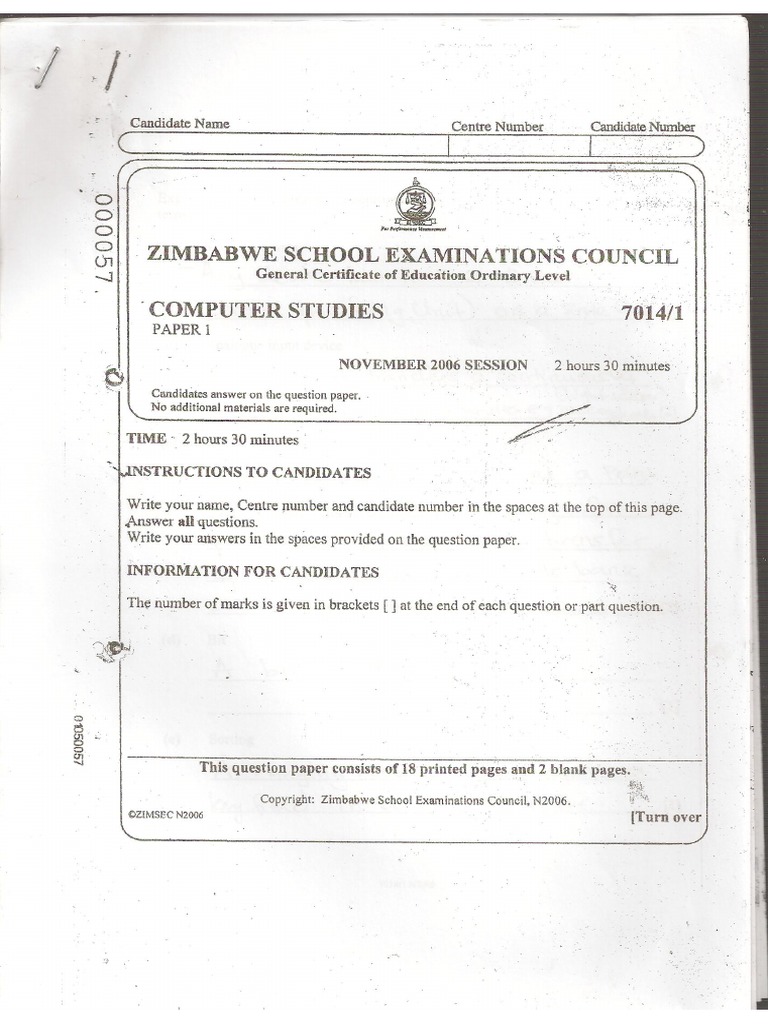 ZIMSEC O Level Computer Studies Past Paper 2006 | PDF