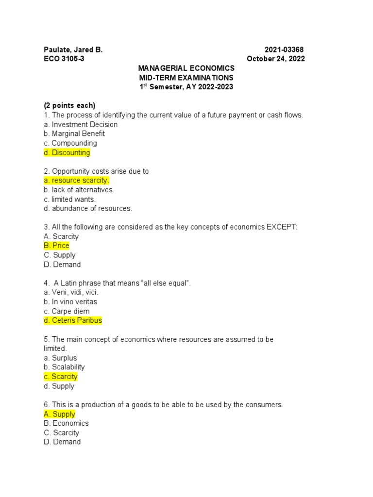 Managerial Economics MID-TERM EXAMS 1st Tri 2021-2022 | PDF | Economics | Business Economics