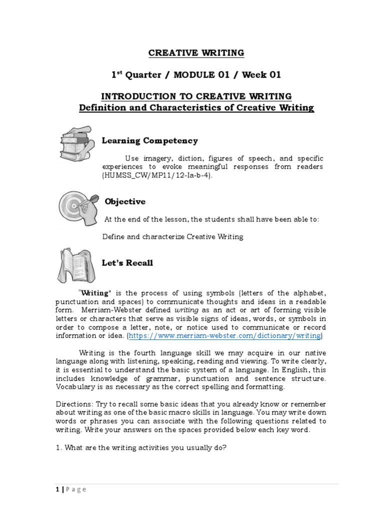 Creative Writing-Quarter 1 - Module 1 - Weeks 1-2 | PDF | Narration | Word
