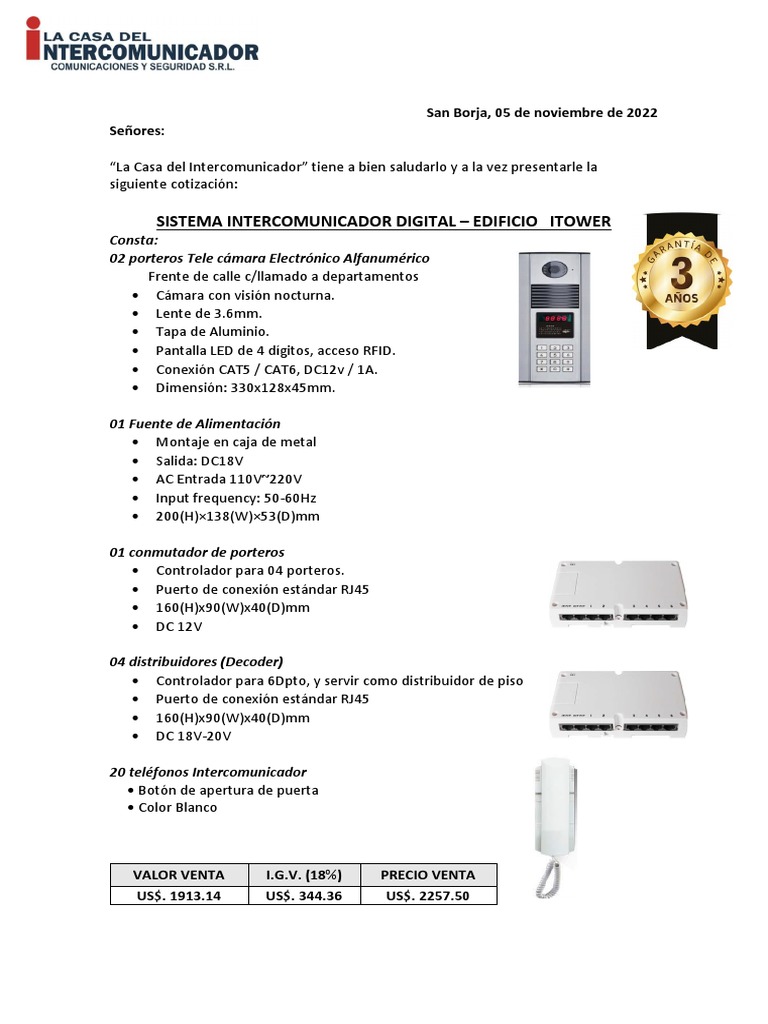 Cotizacion Intercomunicador Itower | PDF