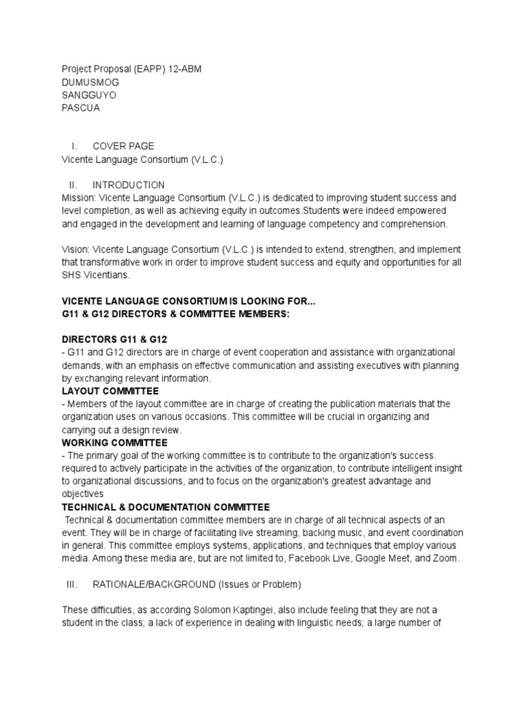 Project Proposal EAPP 12 ABM - V.C.L. | PDF | Human Communication | Education Theory