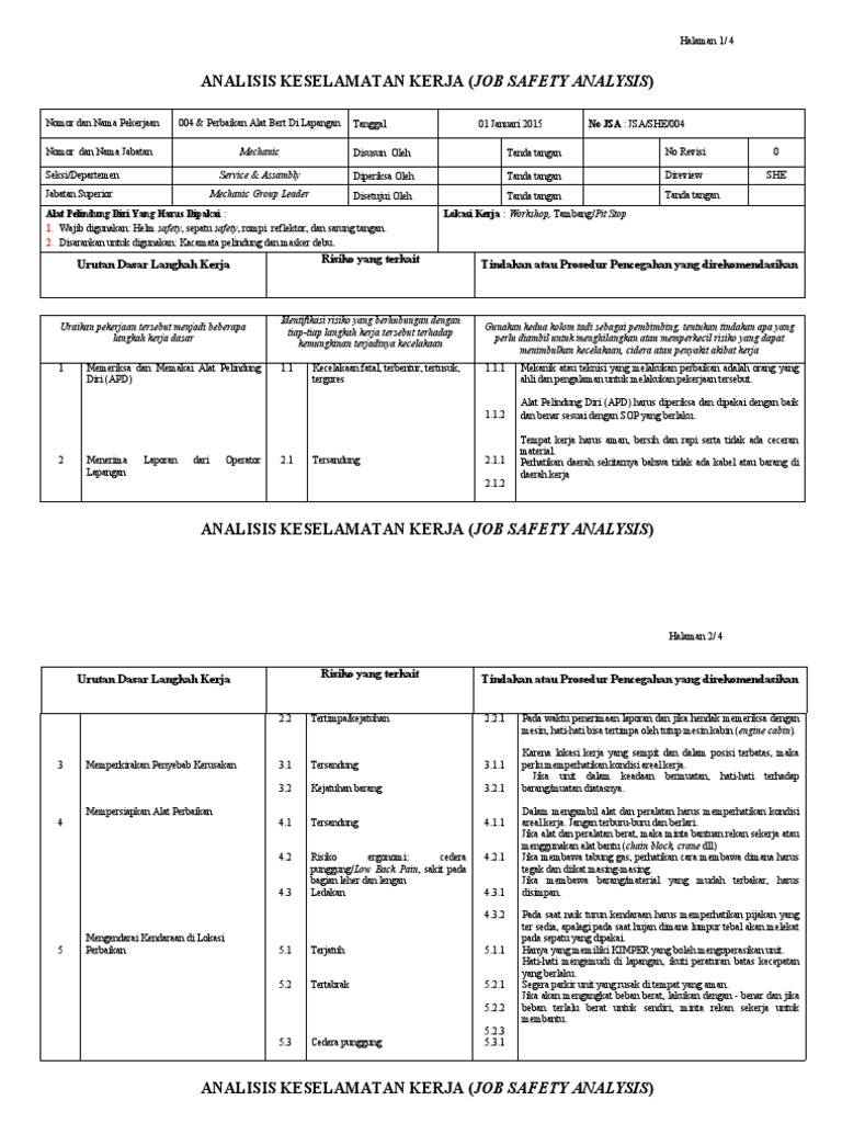 JSA Perbaikan Alat Berat Di Lapangan | PDF