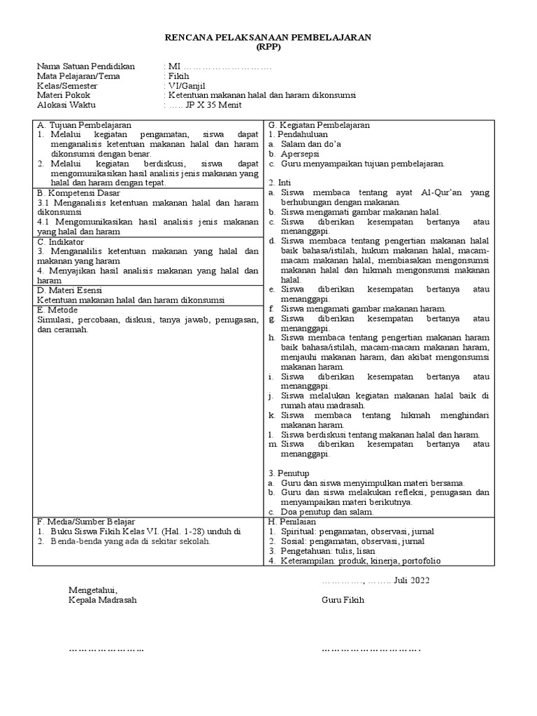 RPP 1 Lembar Fikih Kelas 6 | PDF
