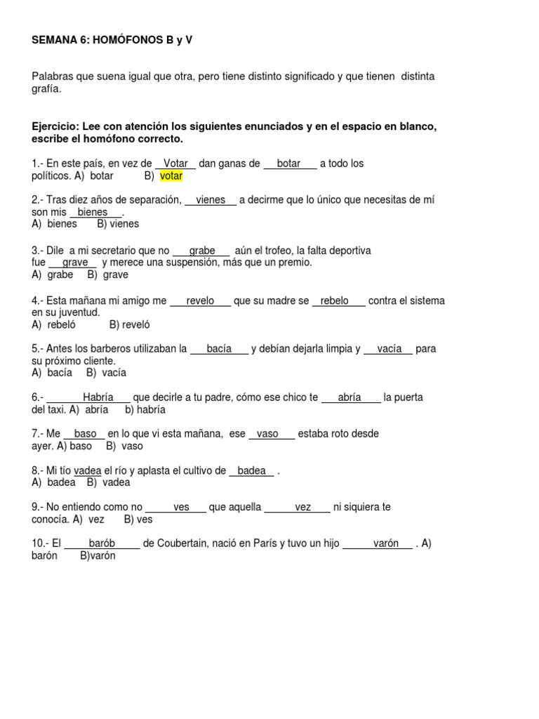 Ejercicios de Homófonos B y V | PDF | Artes del Lenguaje y Comunicación ...