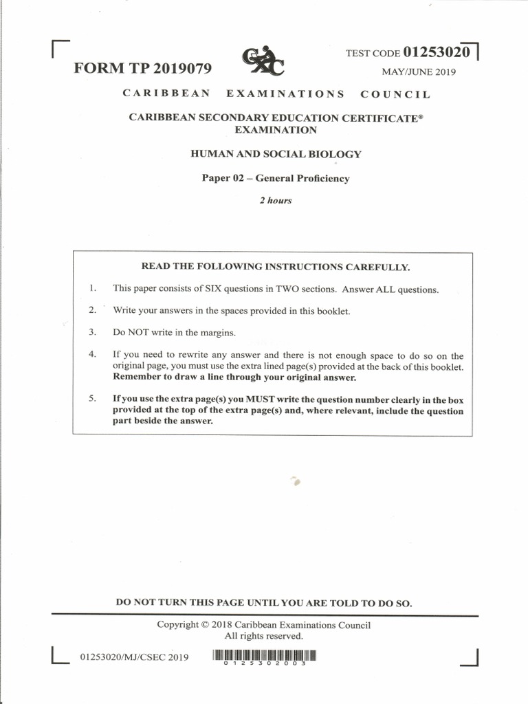 CXC CSEC Many-June 2019 - Human & Social Biology Paper 2 | PDF