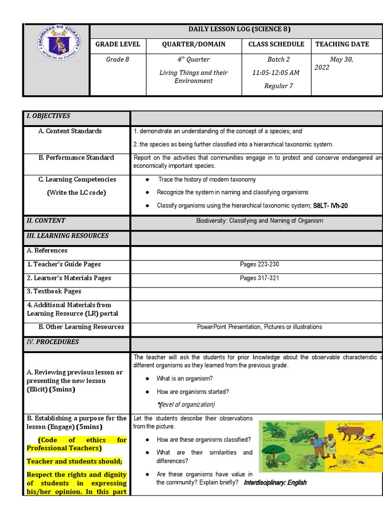 Q4 DLL B2W4D1Biodiversity-Obj.14 | PDF | Taxonomy (Biology) | Prokaryote