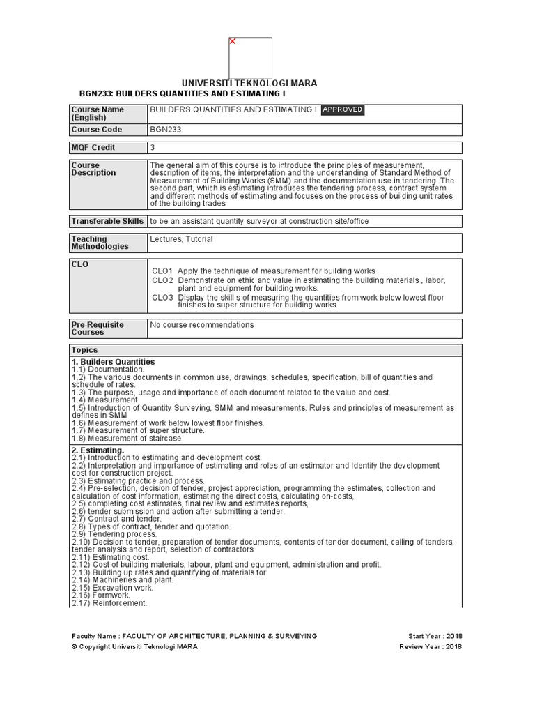 Course BUILDERS QUANTITIES AND ESTIMATING I | PDF | Measurement | Surveying