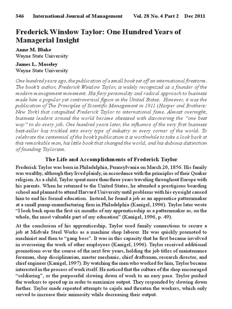 Frederick Winslow Taylor One Hundred Years of Managerial Insight | PDF ...