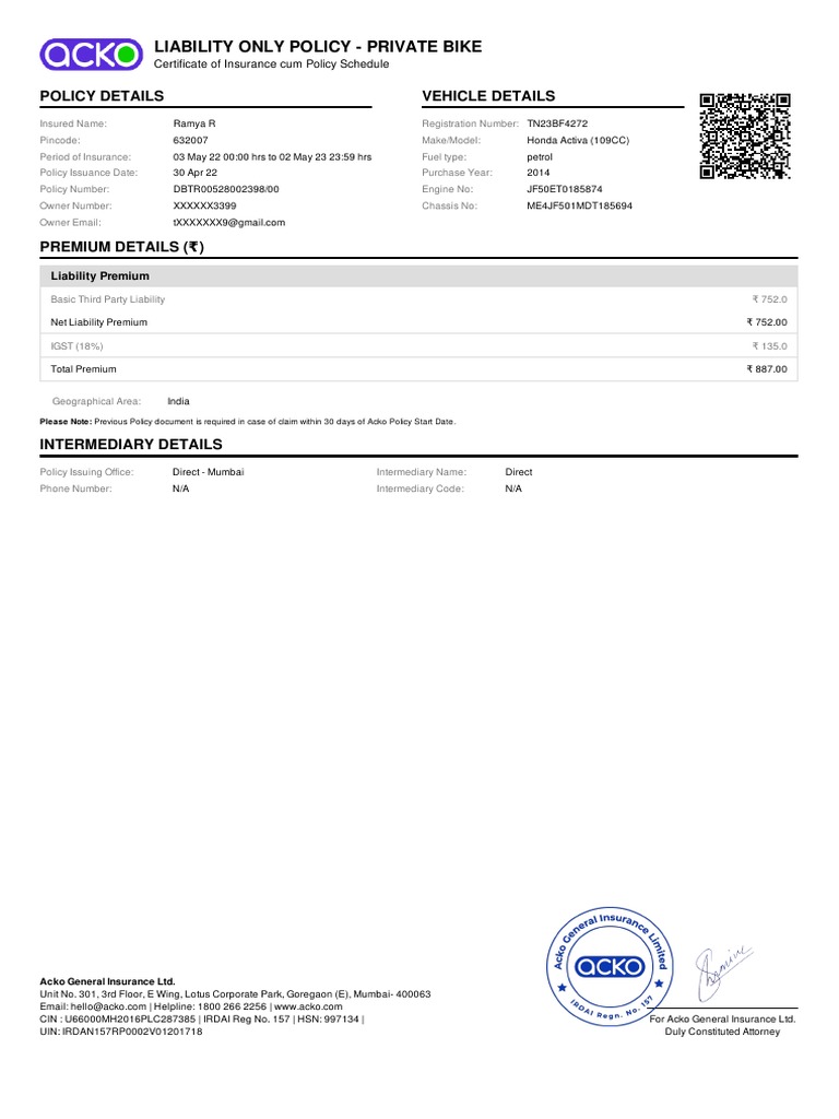 Acko Private Bike Liability Policy | PDF | Insurance | Private Law