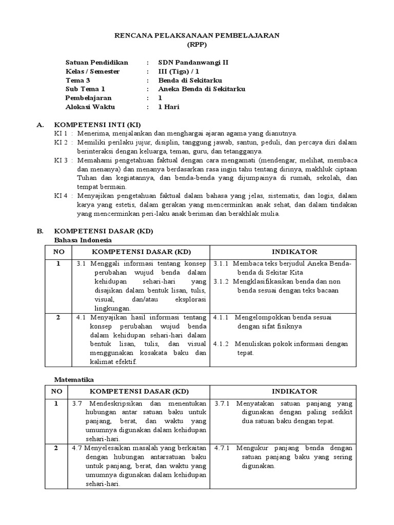 RPP Tunggal Kelas 3 | PDF