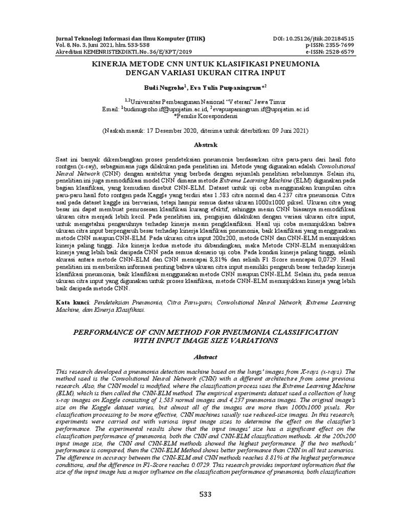 Kinerja Metode CNN Untuk Klasifikasi Pneumonia Dengan Variasi Ukuran ...