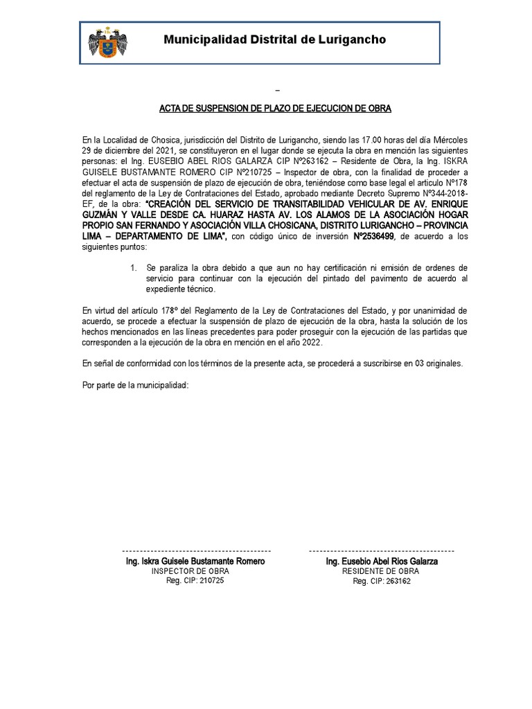 Acta de Suspension de Plazo de Ejecucion de Obra 2 Enero | PDF