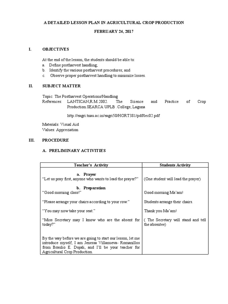 A Detailed Lesson Plan in Agricultural C | PDF | Postharvest | Vegetables