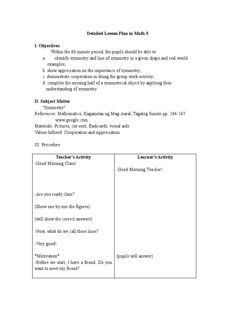 Detailed_Lesson_Plan_in_Math_3_Symmetry | PDF | Symmetry | Lesson Plan