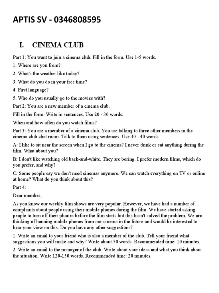 Các đề key writing APTIS | PDF | Movie Theater