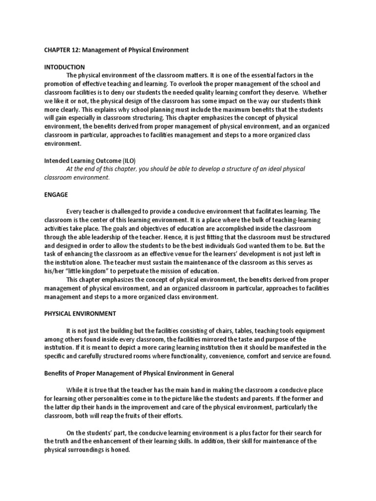 CHAPTER 12.. Physical Environment12 | PDF | Classroom | Teachers