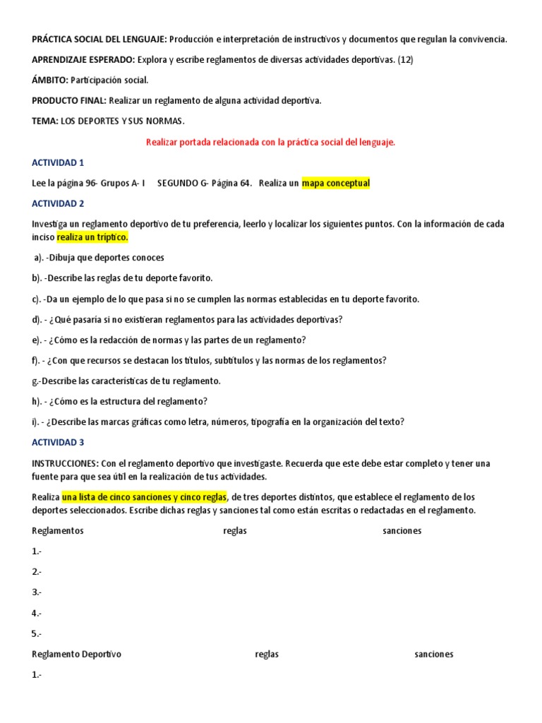 ACTIVIDADES DE LA PRÁCTICA 12 DEPORTES Y SUS NORMAS Actualizadas | PDF ...