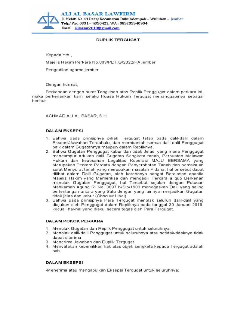 Duplik Tergugat | PDF