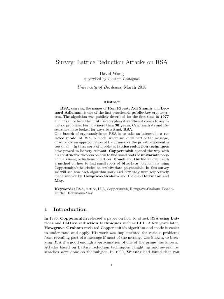 Survey Lattice Reduction Attacks On Rsa Pdf Lattice Group
