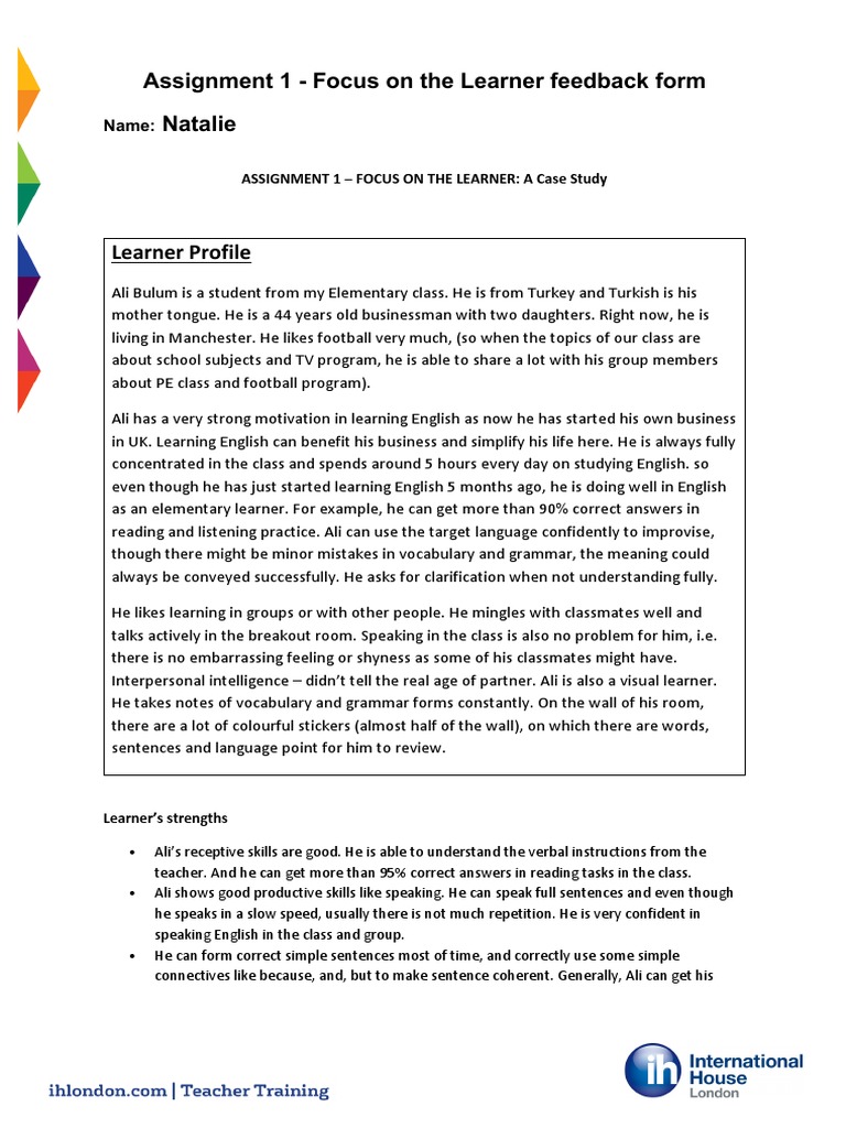 CELTA Assignment 1 - Focus On The Learne Natalie | PDF | Cognition ...