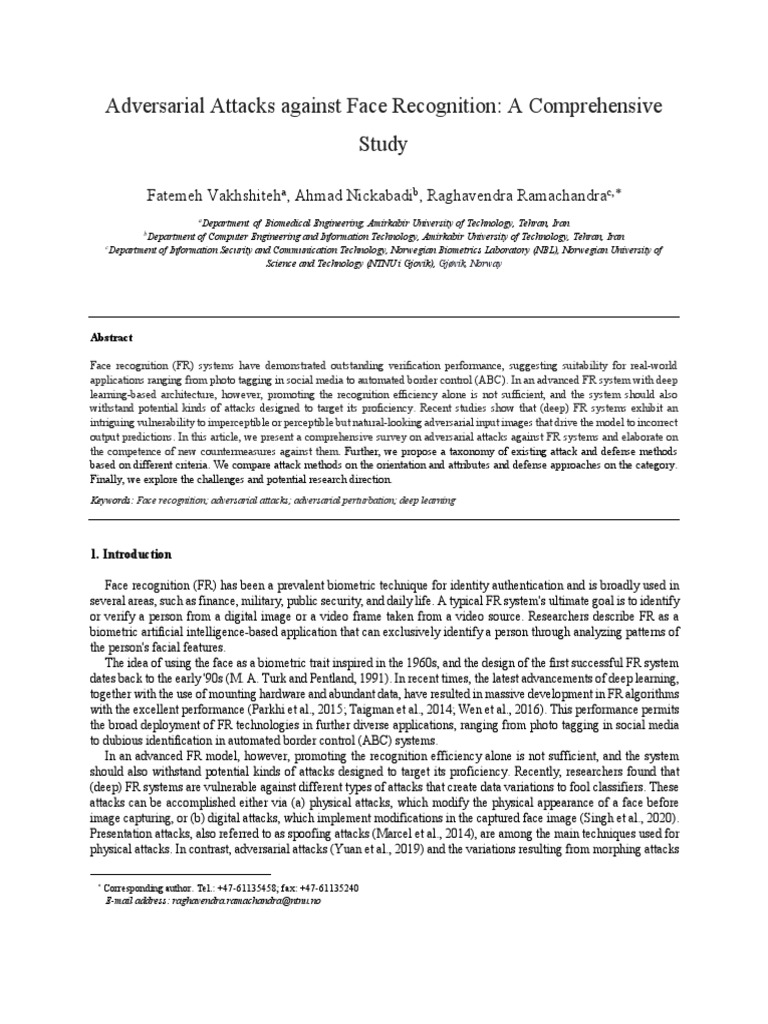 Adversarial Attacks Against Face Recognition: A ComprehensiveStudy | PDF | Deep Learning ...