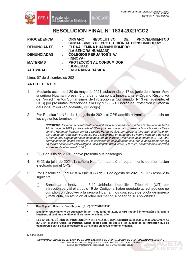 Resolucion Final 1834 2021 CC2 Indecopi La Ley | Descargar gratis PDF | Protección al Consumidor ...