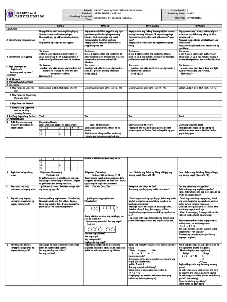 DLL - Math 1 - Q2 - W2 | PDF