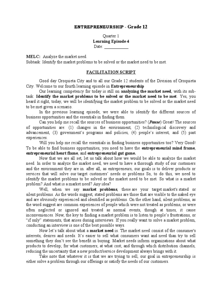 Entrepreneurship LE 4 SLM Activity Sheet | PDF | Market (Economics ...