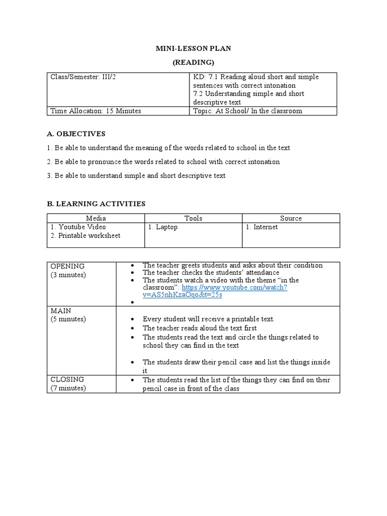 Mini Lesson Plan (Reading) | PDF | Classroom | Schools