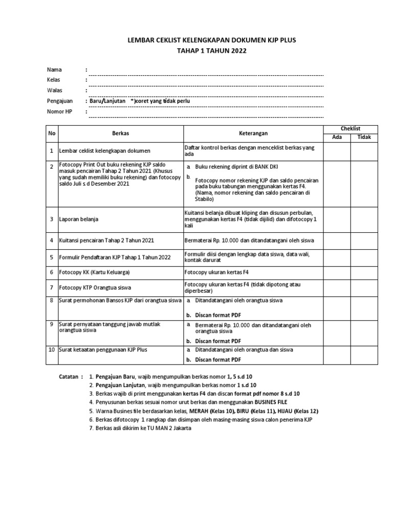 Lembar Ceklist Kelengkapan Dokumen KJP | PDF