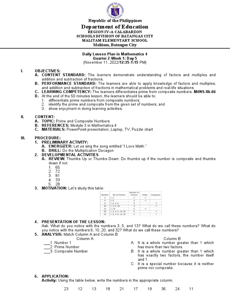 DLP - Q2 - W1 - Day 5 - Mathematics 4 | PDF | Prime Number | Learning