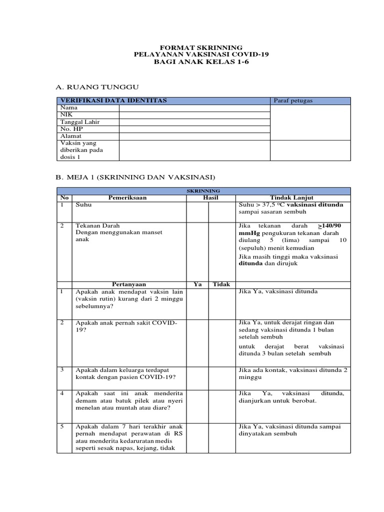 Form Skrining Anak Kelas 1-6 | PDF