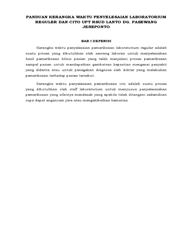 PANDUAN Kerangka WAKTU PENYELESAIAN LABORATORIUM REGULER DAN CITO | PDF