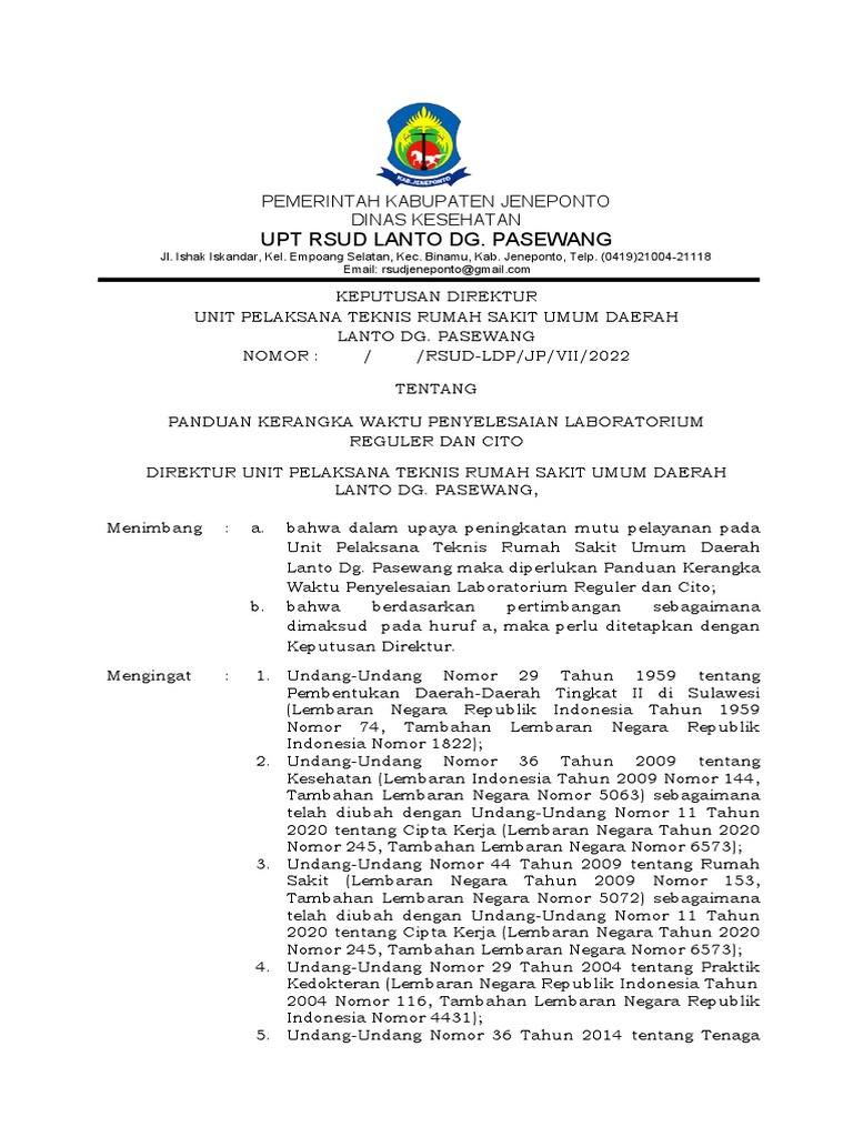 SK Panduan Kerangka Waktu Penyelesaian Laboratorium Reguler Dan Cito | PDF