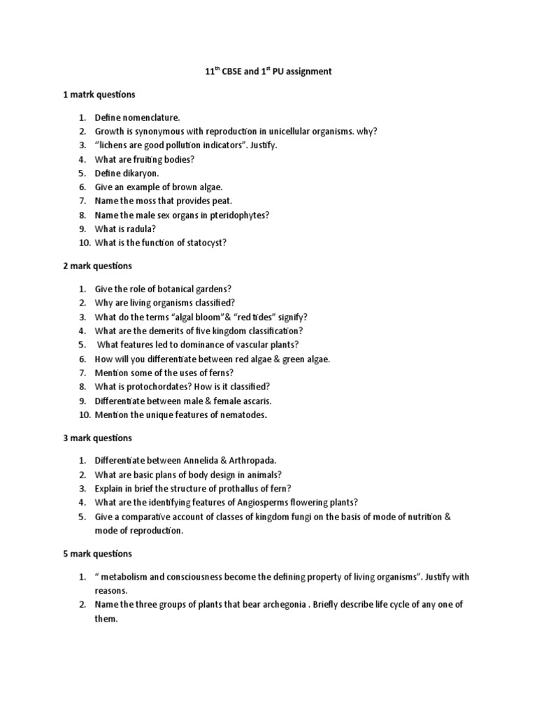 11th CBSE and 1st PU Assignment | PDF