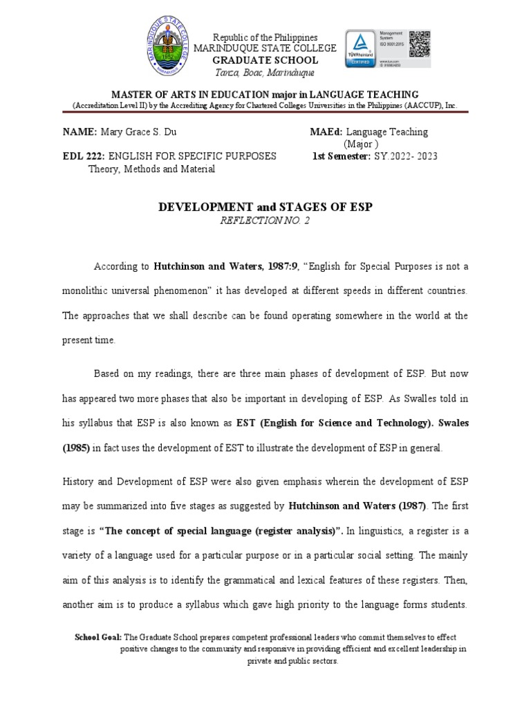 Stages of ESP Development Reflection | PDF | Language Education | Learning