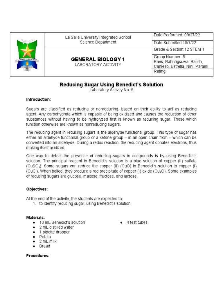 12STEM1G5 - LAB 5 (Reducing Sugar Using Benedict's Solution) | PDF ...