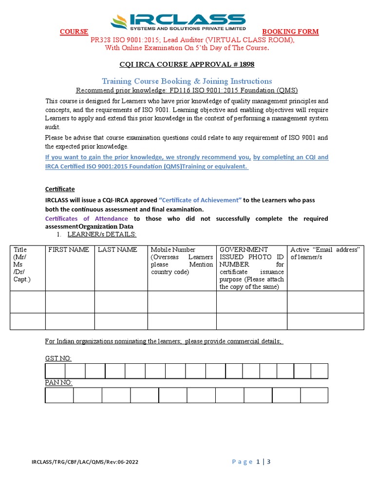 Course Booking Form - QMS-VILT - CR - 06-2022 | PDF
