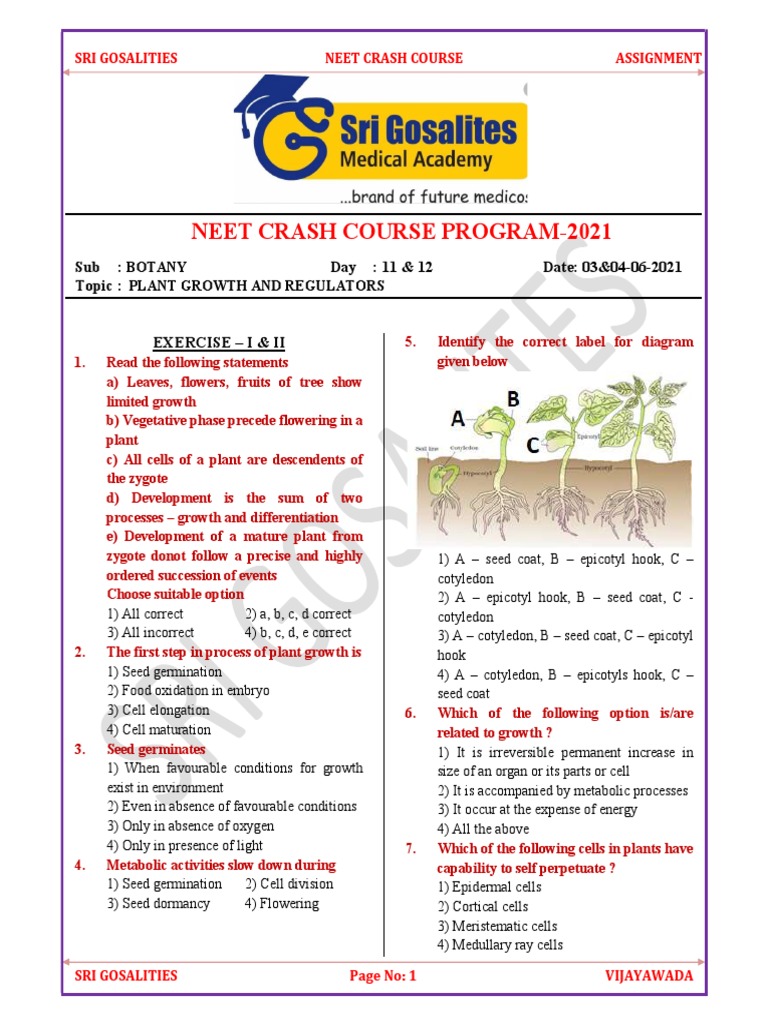 NEET Botany Crash Course Quiz | PDF | Plant Hormone | Auxin