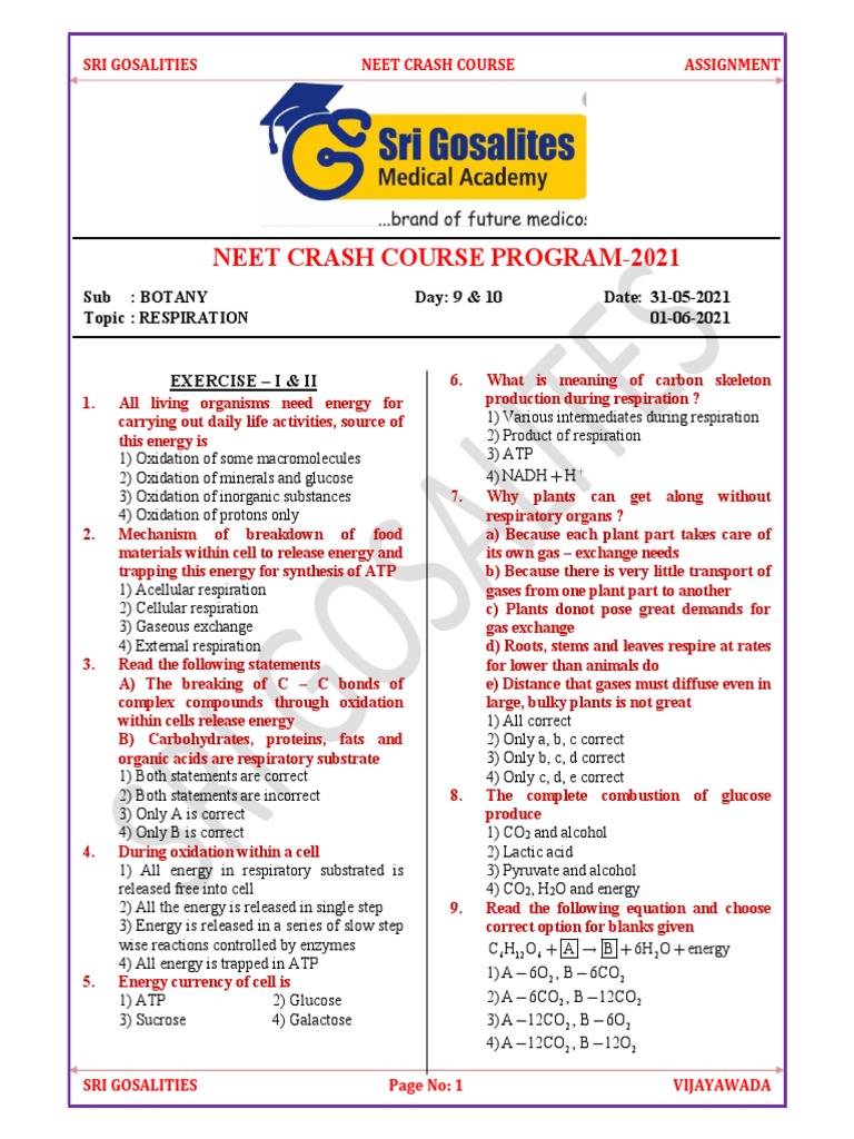 Class 11 Neet Respiration | PDF | Cellular Respiration | Glycolysis