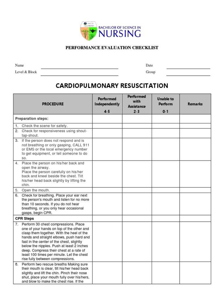 CPR Checklist | PDF | Cardiopulmonary Resuscitation | Medical Treatments