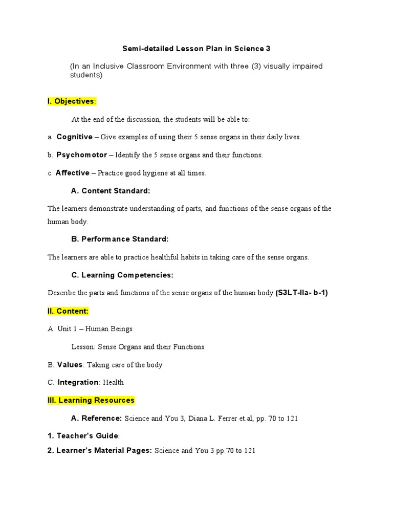 Semi Detailed Lesson Plan Science 3 | PDF | Senses | Taste