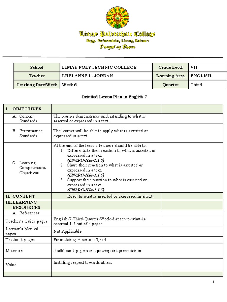 Jordan Lheianne Detailed Lesson Plan Grade 7 | PDF
