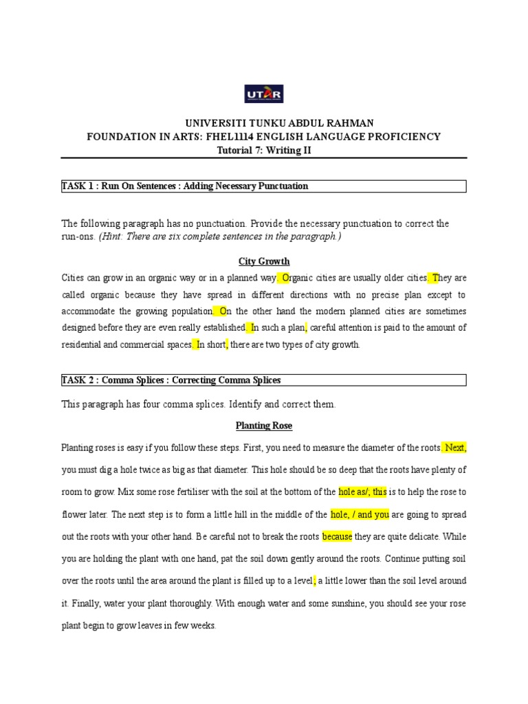 Week 8 - Tutorial Run-Ons Comma Splices QP | PDF | Orthography | Punctuation