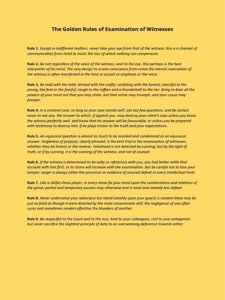 The Golden Rules of Examination of Witnesses | PDF | Witness | Ethical ...